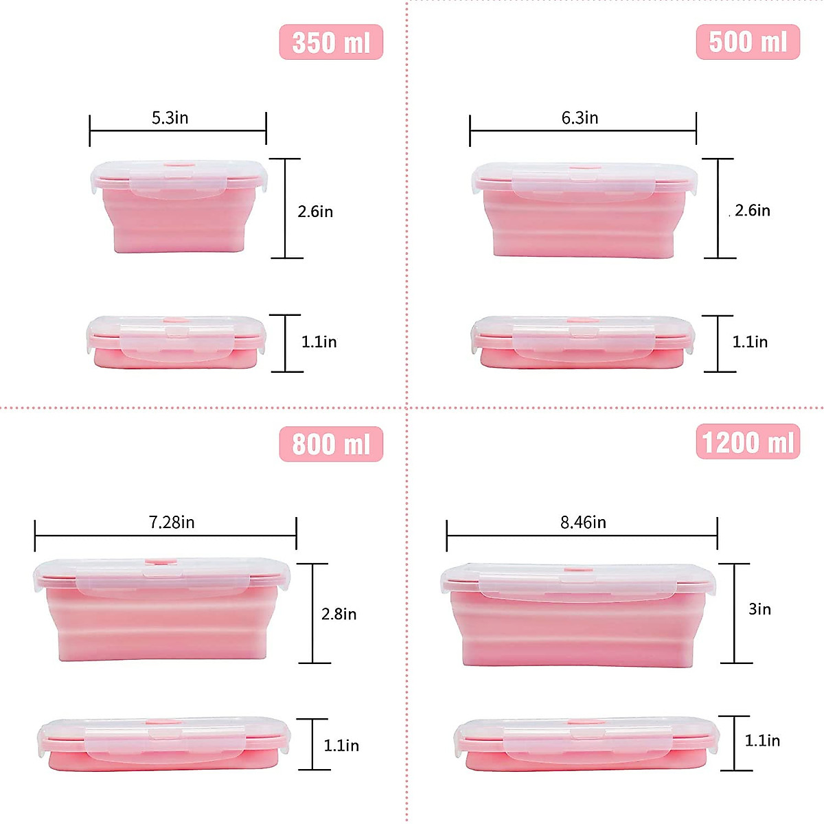 Yagote 4 Pcs Silicone Collapsible Food Storage Containers with Lids Silicone Lunch Box Bento Box BPA free for Kitchen Pantry Organization Microwave Freezer (4pcs-Pink)