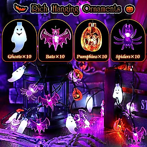 Enhon Halloween Lights, 26 FT 40LED Solar Halloween Pumpkin Bat Ghost Spider Lights for Decoration, IP44 Waterproof Lights with 8 Modes for Garden(Orange, Cool White, Purple, Dark Purple,1 Pc)