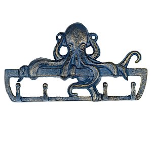 HillSpring Cast Iron Octopus Hooks for Wall, Key Holder Towel Hook with 4 Hooks, Nautical Decorative Wall Mounted Hanger Rack, 7.7 inch