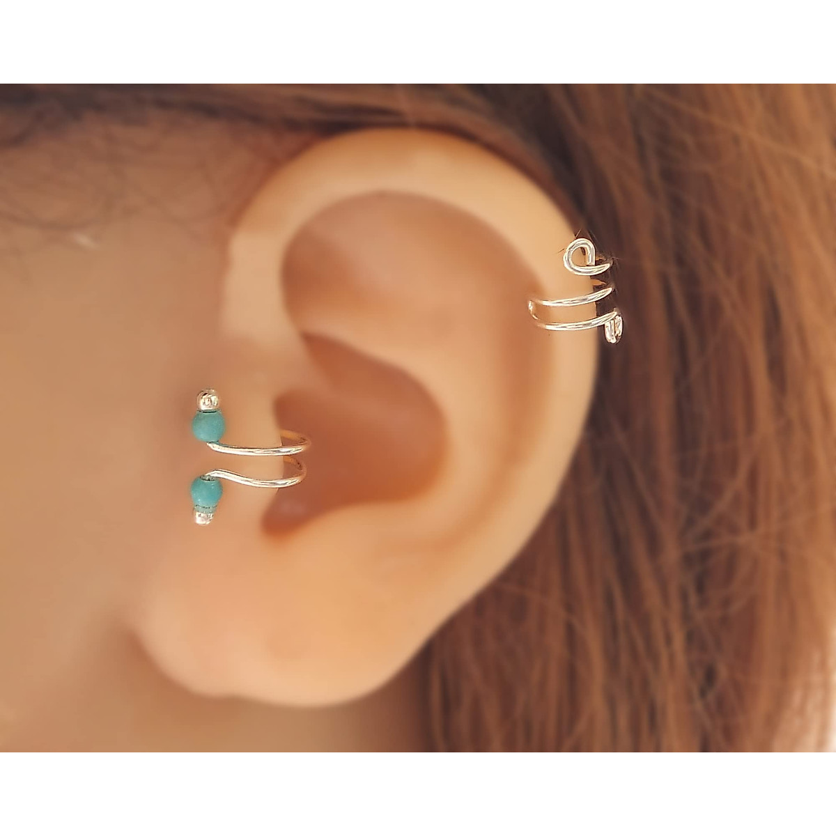 Handmade Silver Wire 2Pcs Adjustable Ear Swirl & Turquoise Ear Cuffs Non-Piercing Earring, 925 Sterling Silver, Fake Cartilage Helix Non-Pierced Ear Wrap Clip on for Women, By Miya Jewelry
