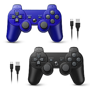 Powerextra Wireless Controller for PS3, 2 Pack High Performance Gaming Controller with Upgraded Joystick Double Shock for Play-Station 3 (Black and Blue)