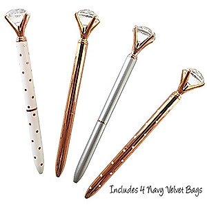 Rose Gold Diamond Pens | 4 Crystal Pens and 4 Navy Blue Velvet Gift Bags | Bling Pens Make Great Gifts for Women, Coworkers and Teachers | Beautiful Rose Gold Office Supplies