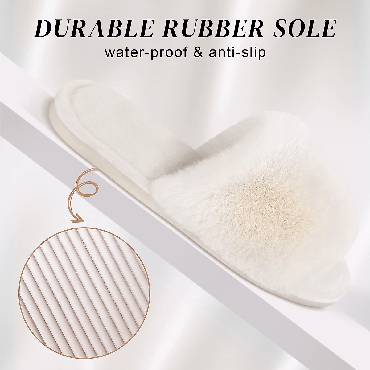 Parlovable Women's Faux Fur Slippers Fuzzy Flat Spa Fluffy Open Toe House Shoes Indoor Outdoor Slip on Memory Foam Slide Sandals Cream 5-6