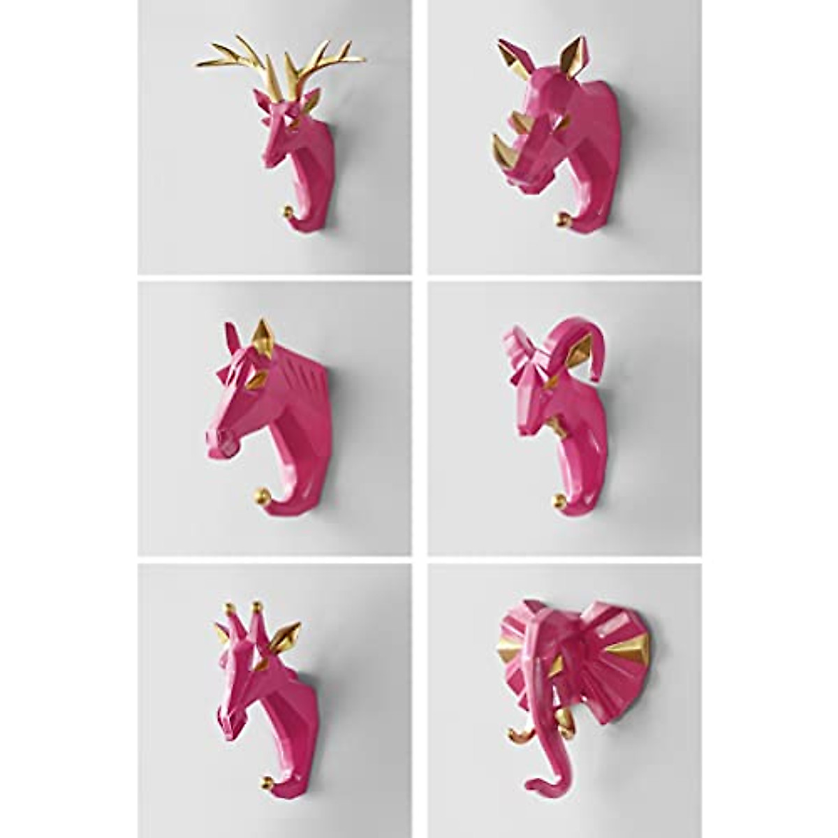 Kopiqin Crafts Home Wall Decoration Elegant Animal Head Resin 6 Set Cartoon Hook Jewelry Key Scarf Bag Hanger Robes Coat Rack for Living Room Bedroom(Deer, Elephant, Rhino,Giraffe,Horse,Goat)
