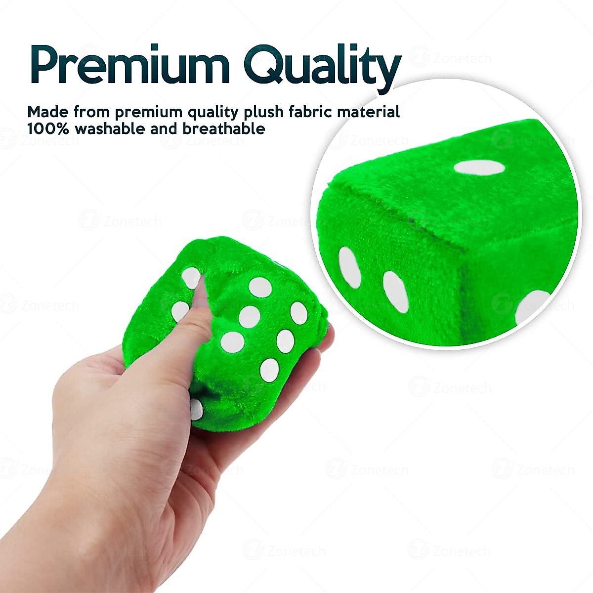 ZONETECH Green 3" Square Hanging Dice-Soft Fuzzy Decorative Vehicle Hanging Mirror Dice with White Dots - Pair