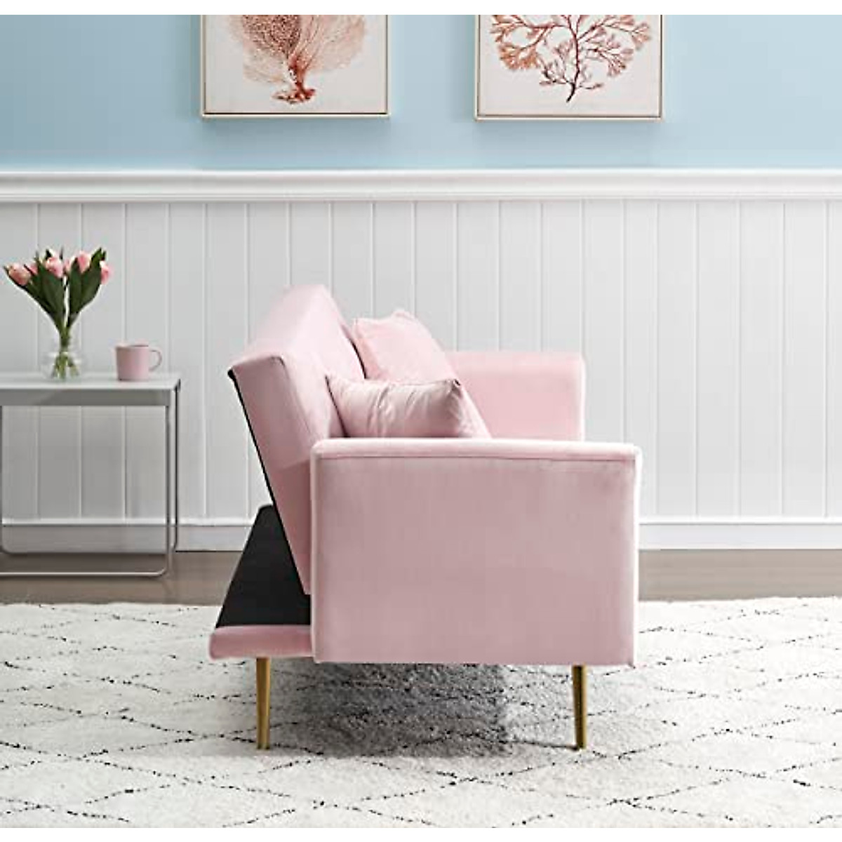 Tufted Upholstered Velvet Modern Futon Loveseat Sleeper Sofa Bed Convertible Couch Daybed,Folding Sofá Beds Recliner,Small Love Seat 2-Seat Couches with Toss Pillows&Metal Legs for Living Room