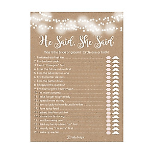 Hadley Designs 25 Rustic Wedding Bridal Shower Engagement Bachelorette Party Game, He Said She Said Cards for Couples, Funny Co Ed Trivia Rehearsal Dinner Guessing Question Fun Supplies Kit