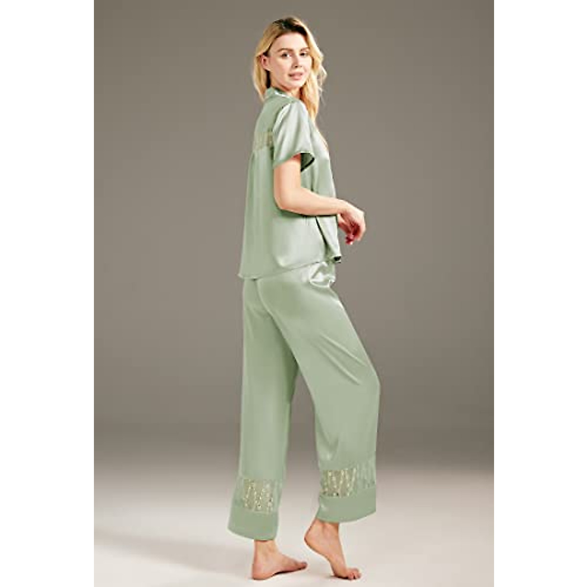 AW BRIDAL 2Pcs Sexy Womens Pajama Sets - Short Sleeve Silk Pajamas Long Pj Pants With Lace, Button Up Pajamas For Women, Sage Green, S| Clever Bridal Shower Gifts Bachelorette Gifts For Bride Pajamas