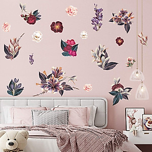 RAINBOW WSK Flowers Peonies Wall Decal Peel and Stick Elegant Pink Red Rose Wall Sticker for Girls Room Tropical Flower Plants Wall Decor Vintage Modern Home Wall Art for Living Room Kitchen Office