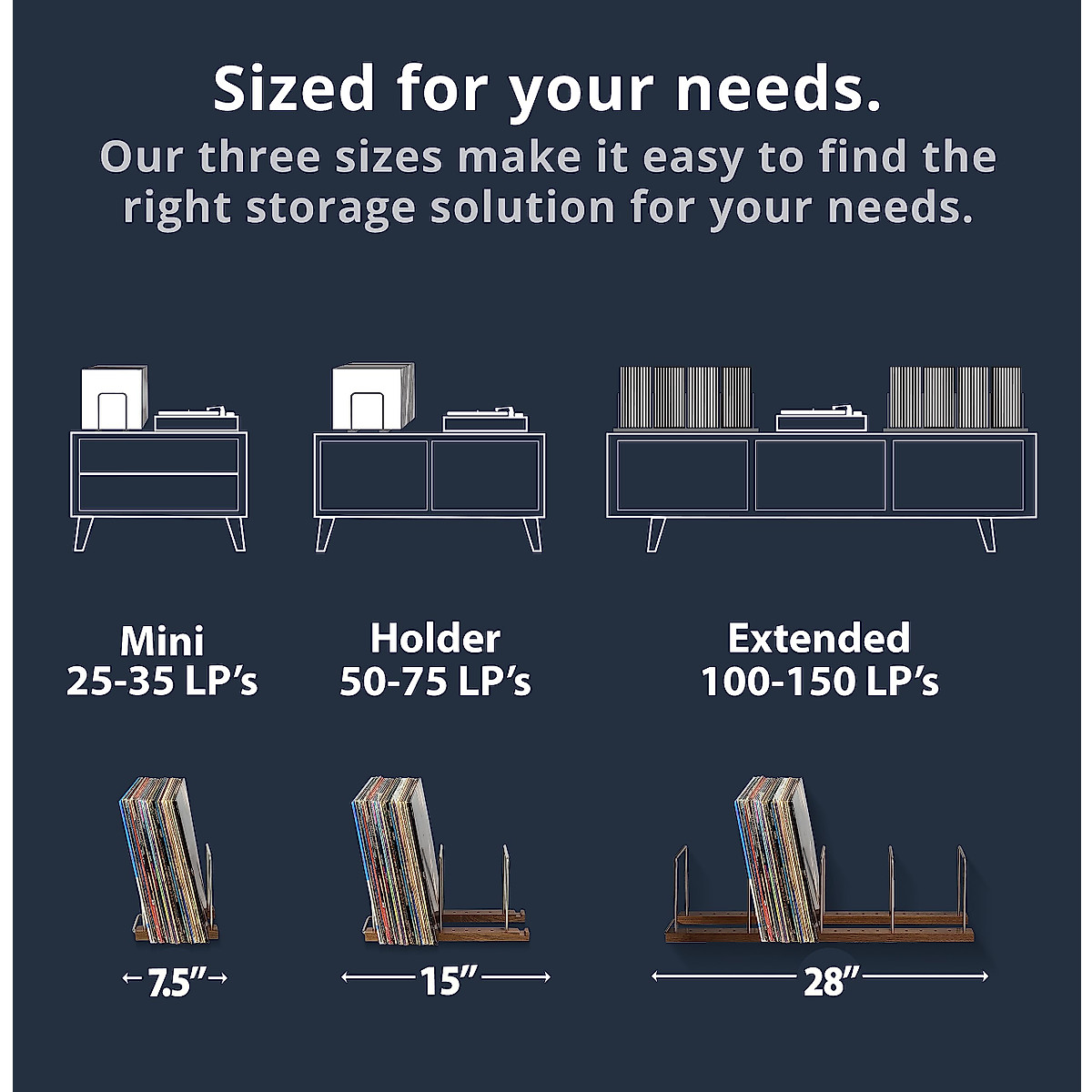 Durable Vinyl Record Storage Holder for 75 LPs, Solid Walnut Vinyl Record Stand with Built-in Now Playing Display, Sleek Vinyl Record Holder & Display for Albums