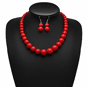 Cryshimmer Pearl Choker Necklace for Women Faux Pearl Beads Strand Necklace Earring Set Costume Jewelry (Red-1)