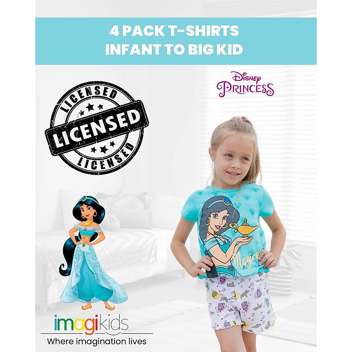 Princess Jasmine Belle Cinderella Little Girls 4 Pack T-Shirts Ariel 7-8