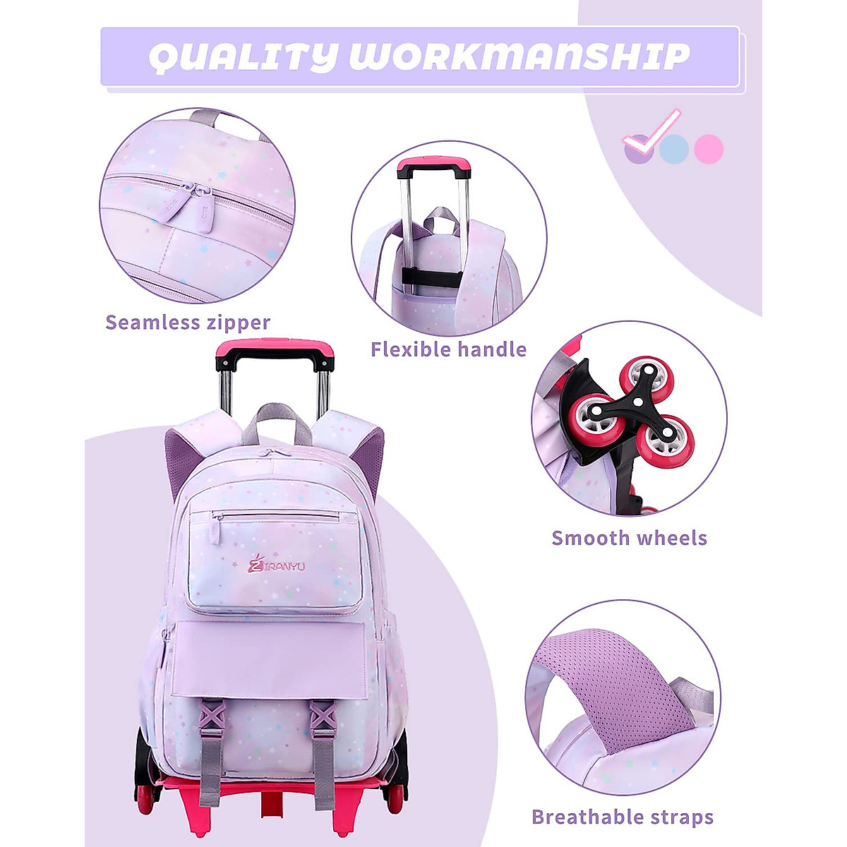 Tanou Rolling Backpack, Lightweight Backpacks with Wheels for Girls, 2023 Kids Roller Bookbags for School Travel, 16 Inch, Purple Star