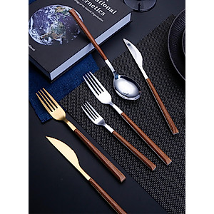 Wooden Silverware Set With Wood Grain Handle 30 Pcs Flatware Sets Service for 6 Stainless Steel Home Kitchen Wedding Restaurant Cutlery Utensils Set Forks Spoons and Knives Delicate Tableware