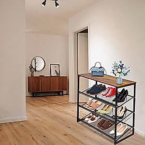 aboxoo 4-Tiers Shoes Rack Tilting Adjustable Freestanding Shoe Rack Large 9 Pairs 25.2 IN Storage Organization Brown Wood Metal For Entryways, Hallways, Closets, Dormitory Rooms, And Industries