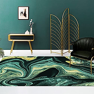 Abstract Liquid Styled Emerald Green Gold 6x8 Area Rug for Living Room Contemporary Art Decor Dining Room Playroom Carpet Soft Washable Home Office Entryway Runner Rugs