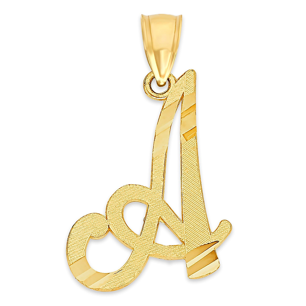 Ice on Fire Jewelry 10k Solid Real Gold Cursive Initial Pendant, English Alphabet A-Z Letter Charm with Diamond Cut (A)