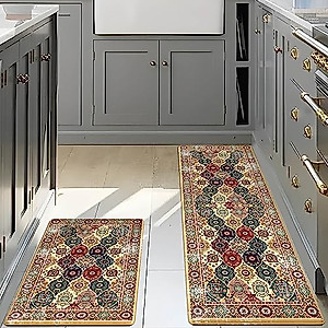 OTOB Kitchen Rugs Set of 2 Anti Fatigue Mats for Kitchen Floor Boho Kitchen Rugs and Mats Non Skid Washable Memory Foam Kitchen Floor Mat Comfort Standing Desk Mat for Front of Sink Laundry