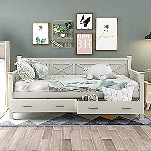 Bellemave Twin Daybed Frame with Storage Drawers,Wood Platform Beds Captain Sofa Bed for Kids,Bedroom,Living Room(Cream White)