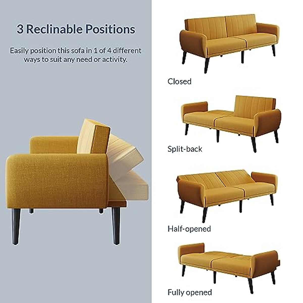 BELLEZE Convertible Sofa Bed, Modern Loveseat, Sleeper Sofa, Futon Couch for Living Room, Guest Room, Garage - Melrose (Yellow)