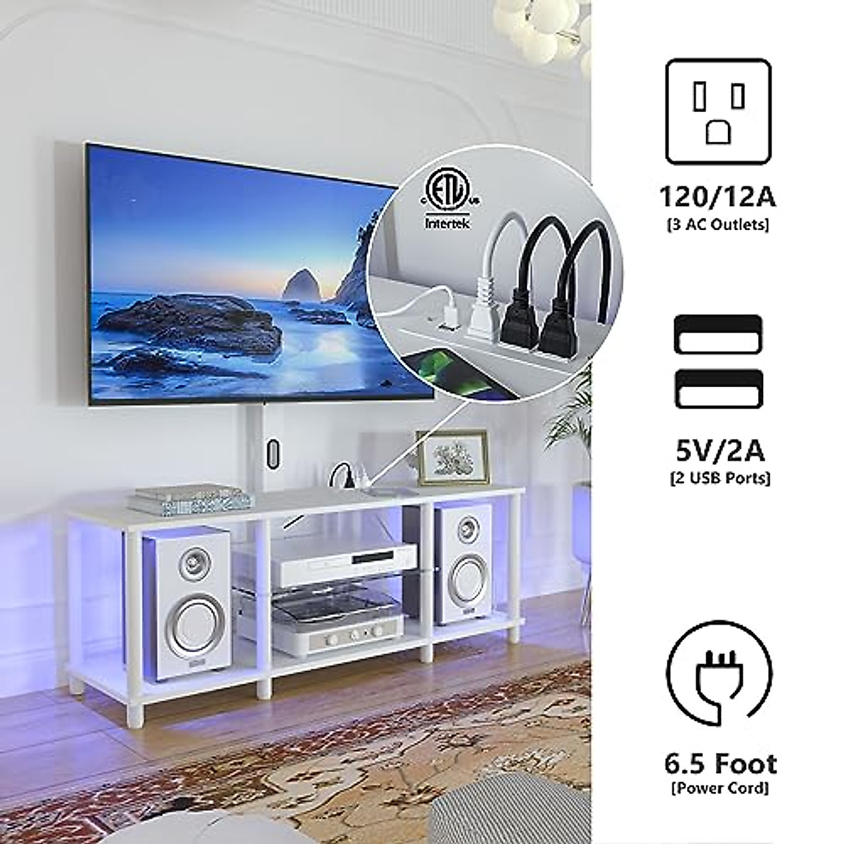 TV Stand with Mount ，White Television Stand with Led Light and Power Outlets for 32/40/43/50/55/60/65/70 Inch TV,Entertainment Center with Storage Shelf for Bedroom/Living Room/Office