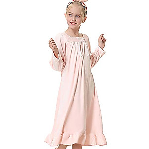 PUFSUNJJ Girls Princess Nightgown,Winter Long Sleeve Flannel Nightdress Pajamas Dress Kids 3-12 Years Lightpink