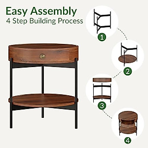 ODIKA Beverly Hills Mid Century Modern Side Table - Versatile Round Nightstand with Drawer, Bedside Table and End Table, Small Wood Side Table for Bedroom, Walnut, Set of 1