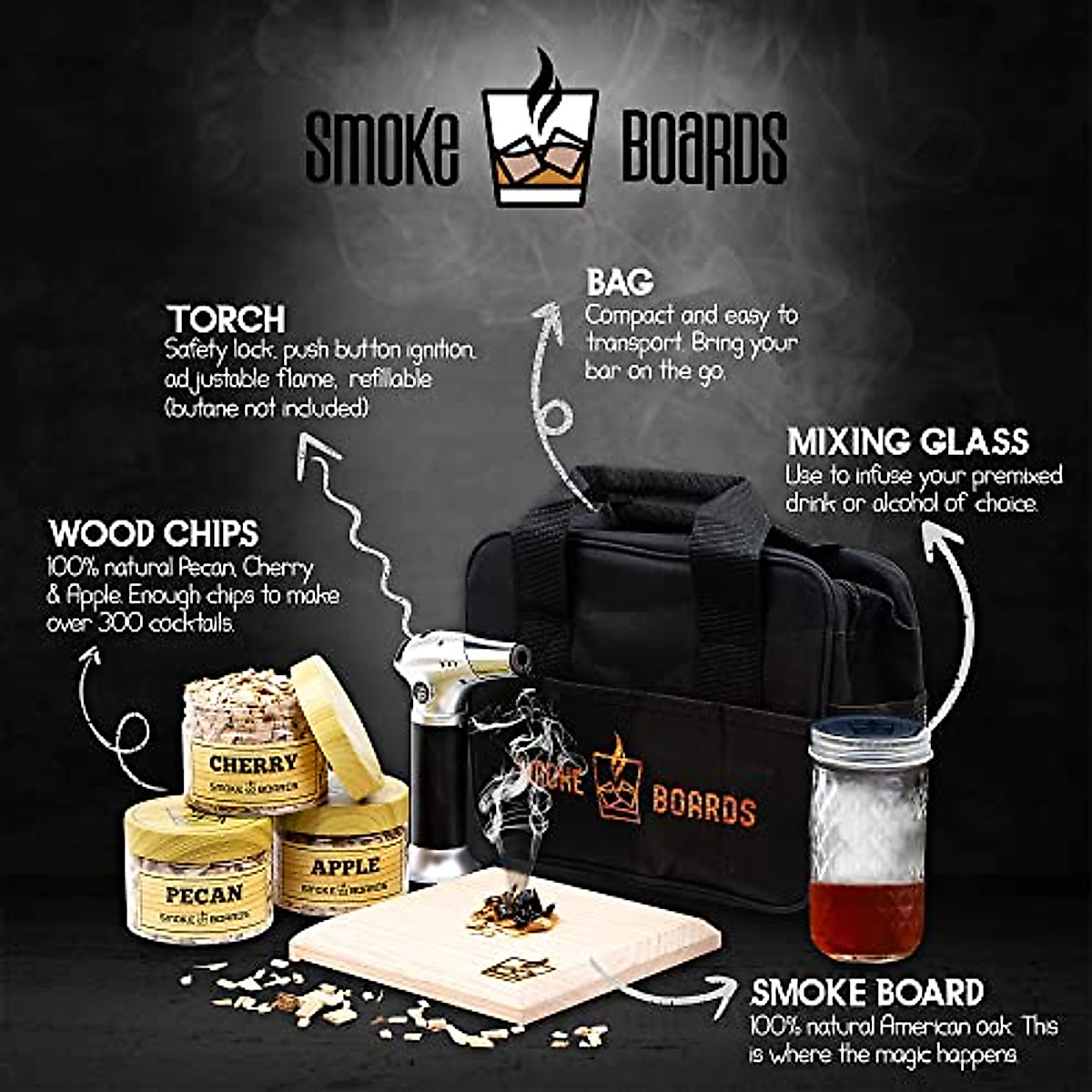 Smoke Board’s Old Fashioned Cocktail Smoker Kit with Torch - Whiskey/Bourbon Drink Infuser with Three Wood Chips, Smoker Kit Includes, Mixing Glass, Smoke Board, and Torch Lighter, USA Based Company