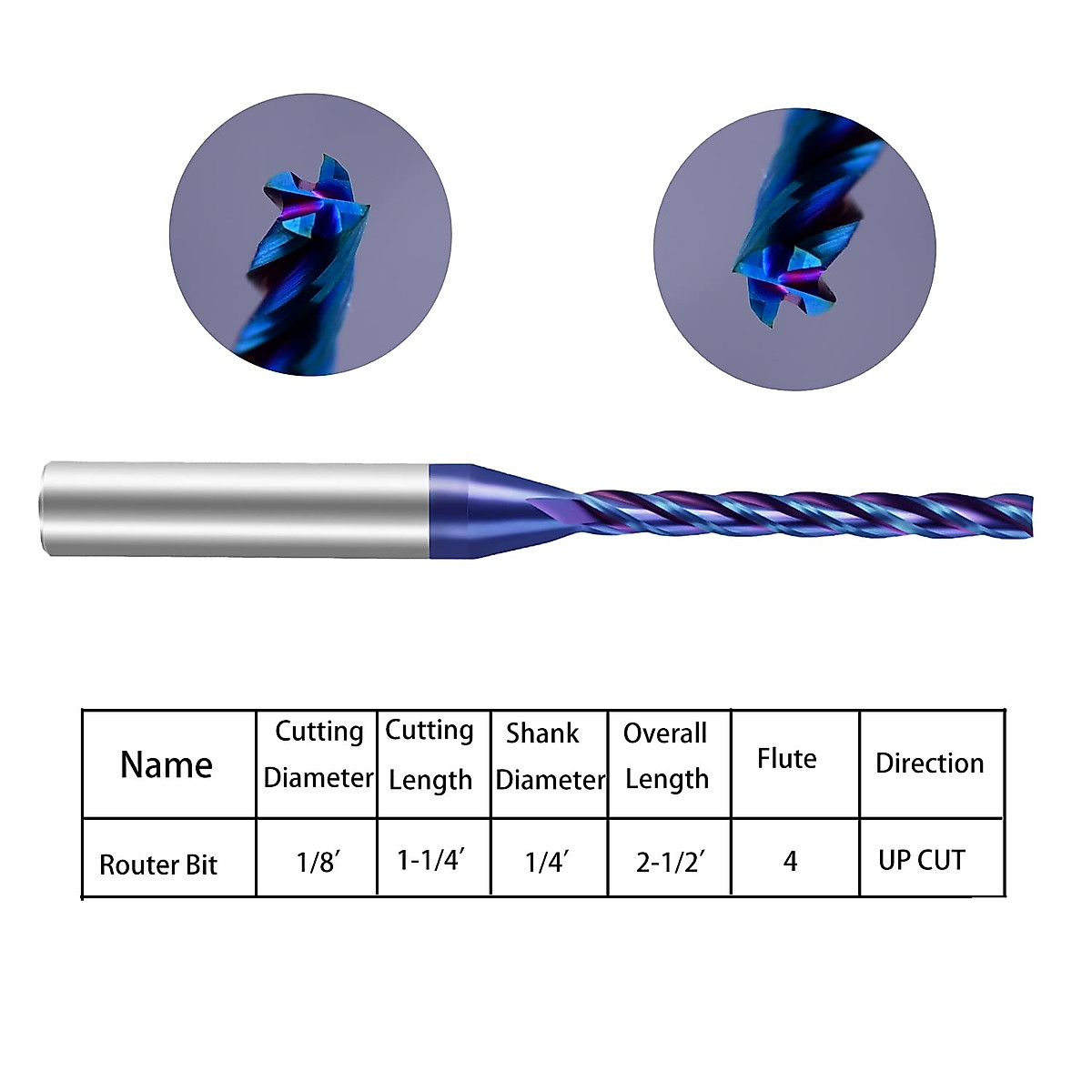 XUANFENG 4 Flutes NACO Coating Up Cut Spiral CNC Router Bit 1/4 inch Shank, 1/8 inch Cutting Diameter End Mill for 2D 3D Wood Cut, Carving Size: 1/8x1-1/4x 2-1/2" Shank 1/4" STF445