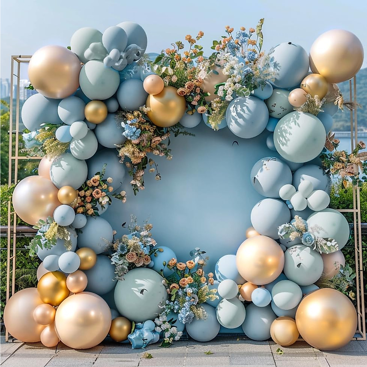 Captank Dusty Blue Balloon Garland - Pastel Blue Double Stuffed Slate Blue Balloons Different Sizes Blue Gold Balloon Garland Kit for Boy Birthday Baby Shower Wedding Anniversary Party Decorations