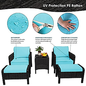 Increkid 5 Pieces Wicker Patio Furniture Set, Outdoor Rattan Conversation Chair Set w/Ottomans, Coffee Table, Cushions, Poolside Sectional Cushioned Sofa Set for Porch, Balcony, Lawn, Yard, Garden