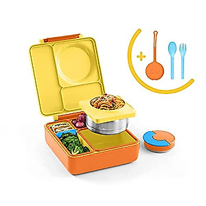 OmieBox Bento Box for Kids Insulated Bento Lunch Box with Leak Proof Thermos Food Jar, 3 Compartments + Yellow Blue Utensil Set with Case