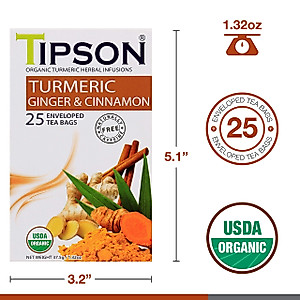 Tipson Organic Turmeric Herbal Infusions - Turmeric Ginger and Cinnamon - Caffeine Free, Non GMO, Gluten Free - 25 Premium Tea Bags (Pack of 1)