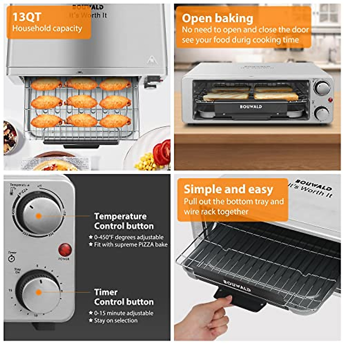 2-in-1 Baker Countertop Doorless Pizza Oven Toaster Combo Stand-up Oven Spacestar Multi Functions Fits 10” pizza, 4 Slices of Bread, 1200W,12L, Stainless Steel