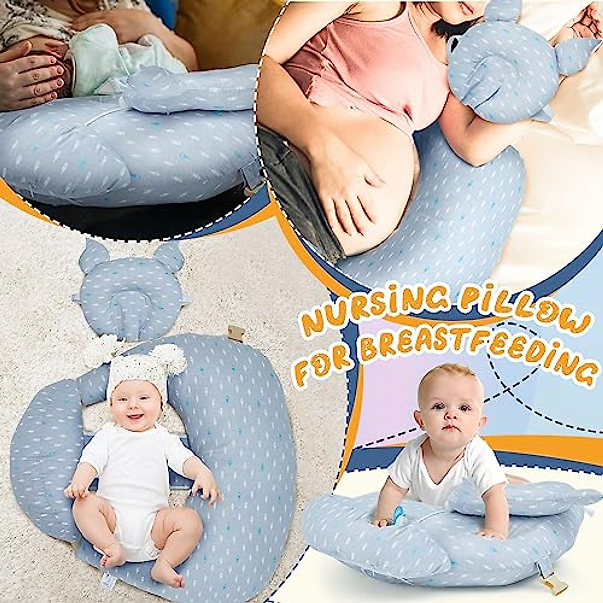 Geelin Nursing Pillow Soft Nursing Pads Set Include Breastfeeding Pillows with Adjustable Waist Strap 4 Pieces Breast Pads Reusable Postpartum Essentials for Baby Breastfeeding, Gray and White