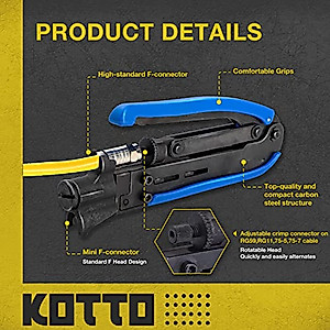 KOTTO Coax Cable Crimper Kit, Compression Tool Coax Adjustable RG6 RG59 RG11 75-5 75-7 Coaxial Cable Stripper with 20 PCS F Compression Connectors