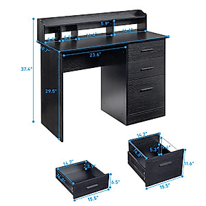 Kcelarec Computer Desk with Drawers and Hutch, Home Office Desk with File Drawer, Wood Executive Desk Writing Study Table PC Desk for Bedroom (Black)