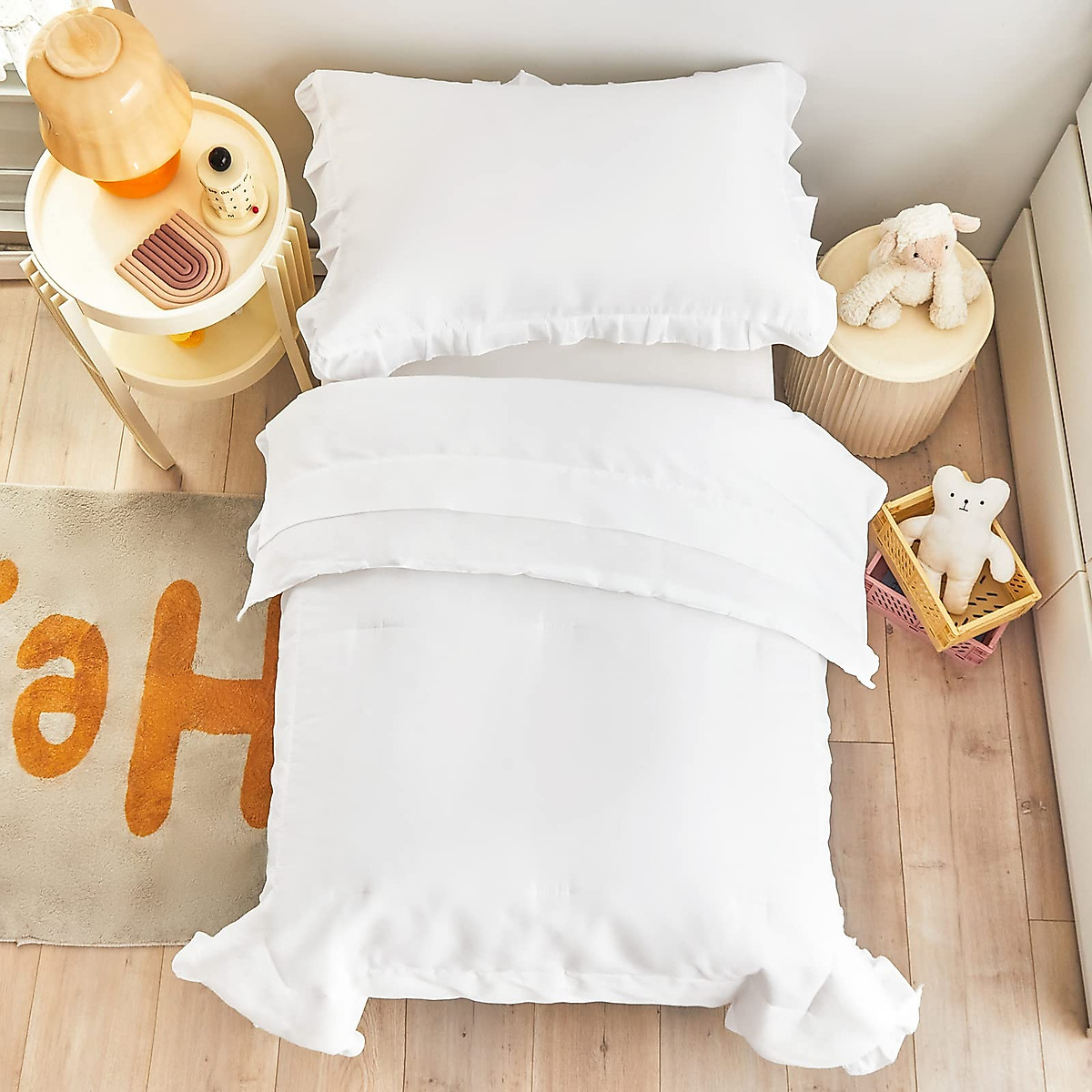 4 Pieces White Toddler Bedding Set with Ruffle Fringe, Solid Color Toddler Bed Set - 1 Toddler Comforter + 1 Fitted Sheet +1 Flat Sheet +1 Pillowcase for Baby Boys and Girls
