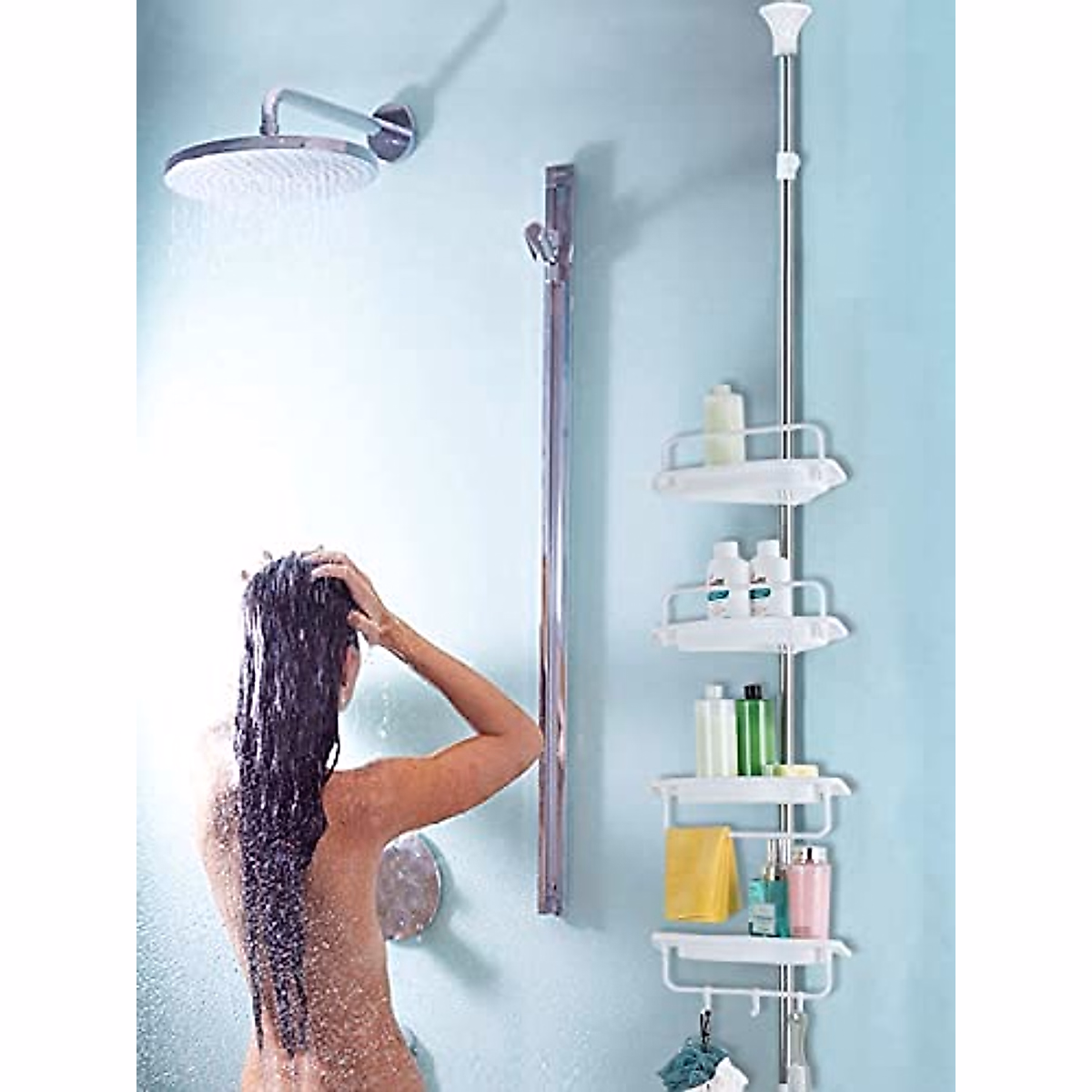 Elenens 4-Layer Retractable Bathroom Corner Tension Shower Caddy with Stainless Steel Pole, Ivory White