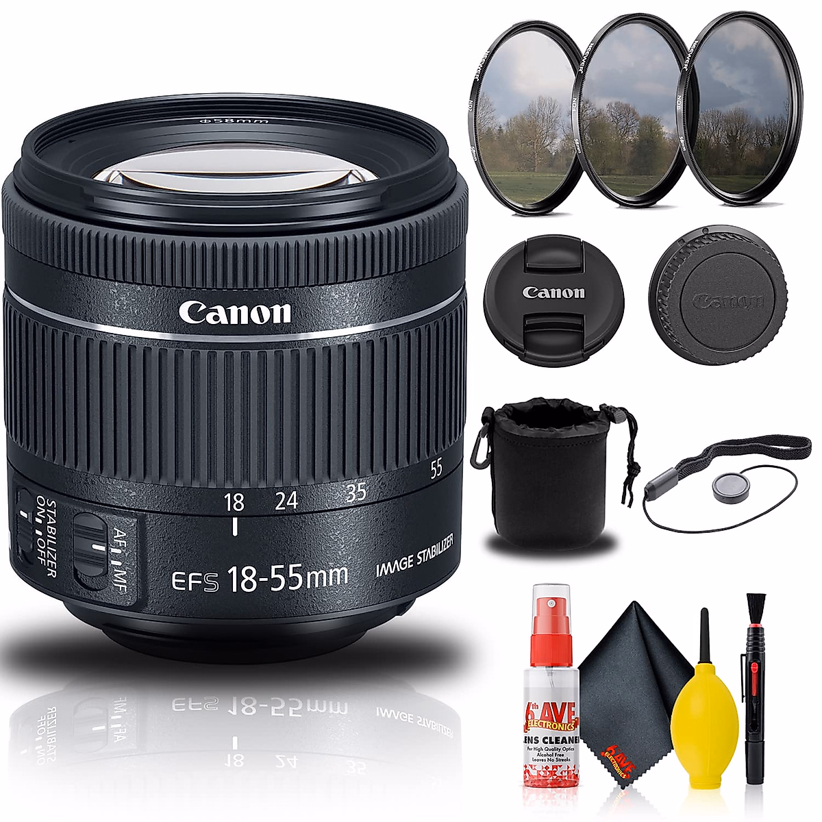 Canon EF-S 18-55mm f/4-5.6 is STM Lens (1620C002) + Filter Kit + Lens Pouch + Cap Keeper + Cleaning Kit + More (Renewed)