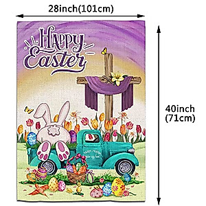 Easter Flag, Happy Easter Flags for Outdoors 28 x 40 Double Sided, Easter Bunny Eggs with Blue Truck Tulip Flowers Burlap House Flag, Holiday Spring Garden Yard Lawn Signs for Home Outside