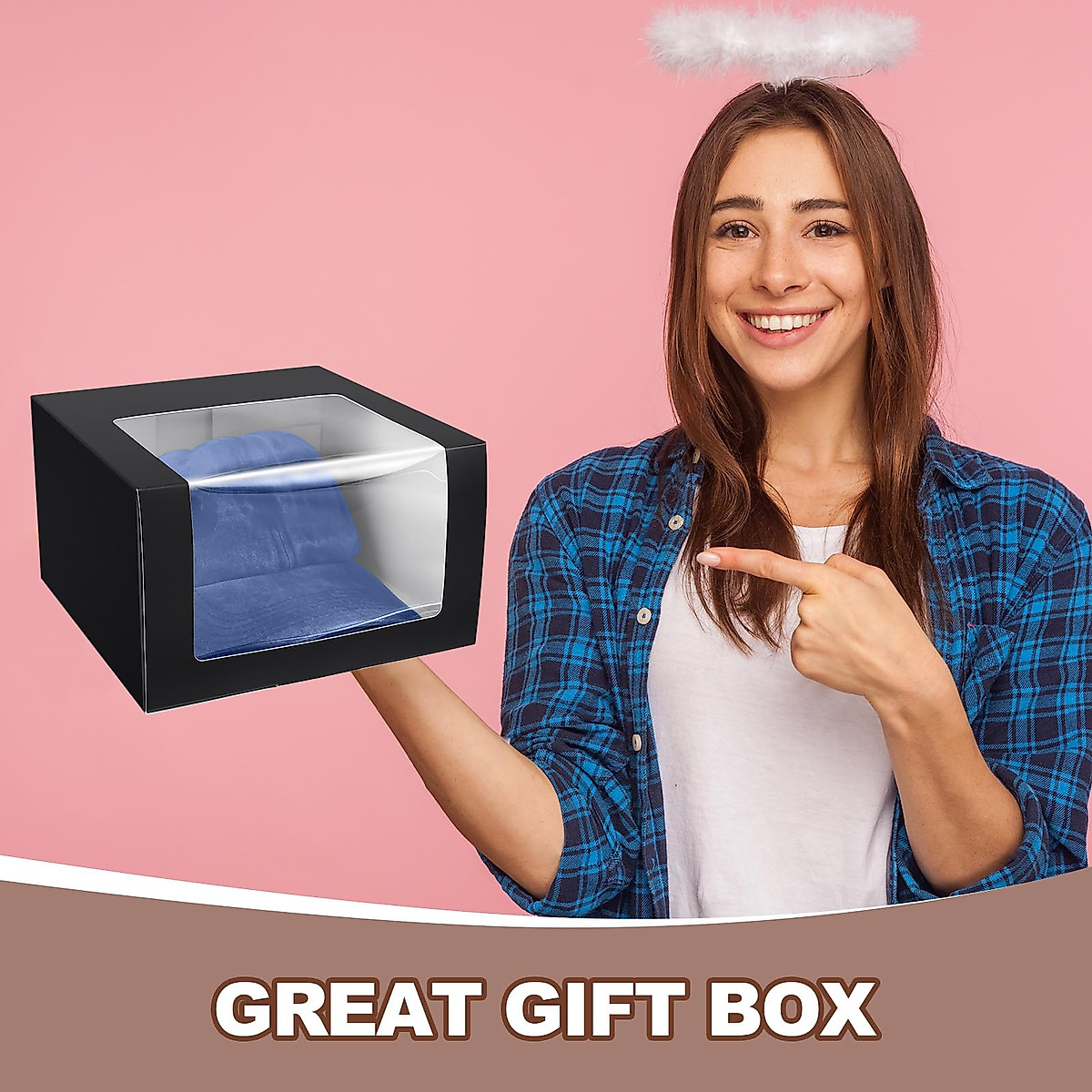 DoubleFill 50 Pcs Display Black Gift Boxes with Window Clear for Baseball Caps 7.6" x 7.6" x 4.7" Paper Hat Organizer Box Packing Fold Hat Storage Hat Display Case Hat Holder