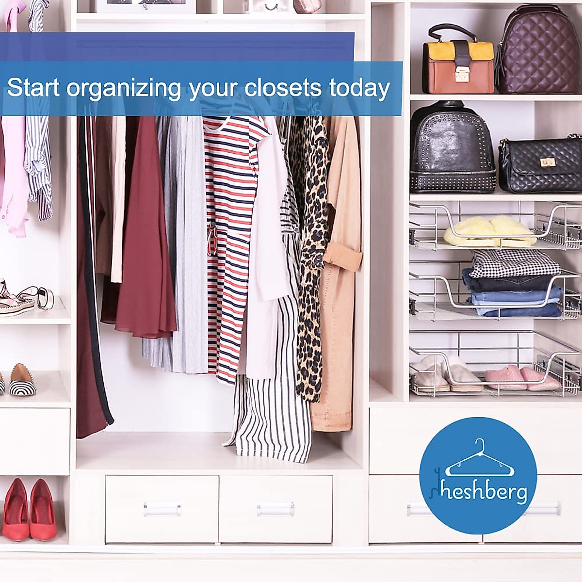 Heshberg Plastic Notched Hangers Space Saving Tubular Clothes Hangers Standard Size Ideal for Everyday Use on Shirts, Coats, Pants, Dress, Skirts, Etc. (50 Pack, White)