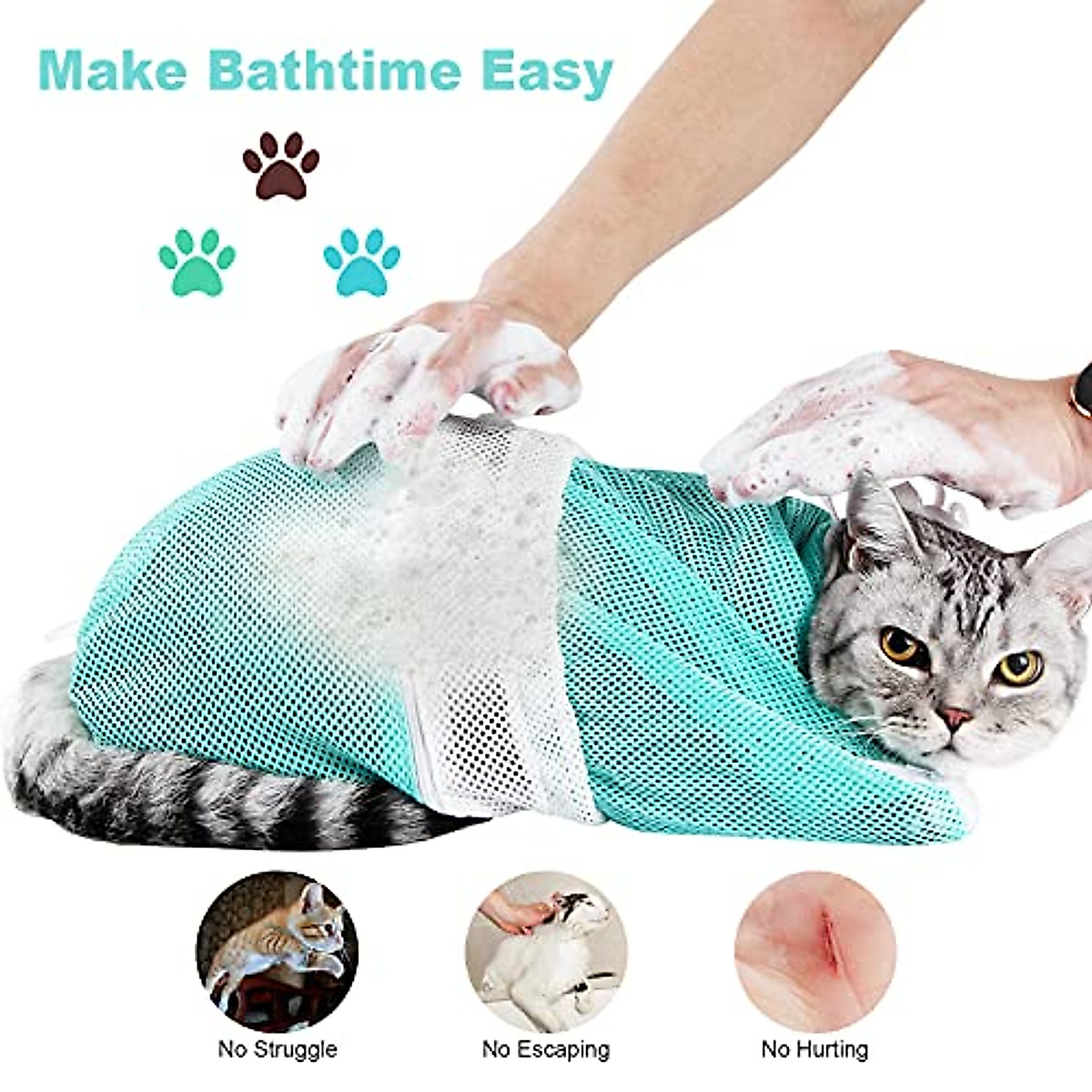 Cat Bag for Bathing 8 PCS Set with Cat Shower Net Bag Adjustable Pet Grooming Brush Nail Clipper Nail File Hair Combs Tick Tool Nail Caps, Nail Trimming Bath Cleaning Supplies Kit for Cats & Dogs