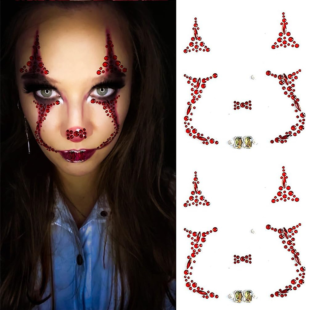 2 Pieces Face Gems Jewels Tattoos for Halloween, Day of the Dead Face Temporary Skull Tattoos Rhinestone Crystal Stones Body Gems Makeup Stickers for Halloween Festival Rave Party Outfit