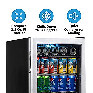 NewAir Beverage Refrigerator Cooler with 90 Can Capacity - Mini Bar Beer Fridge with Right Hinge Glass Door - Cools to 34F - AB-850 - Stainless Steel (Renewed)