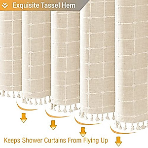 BTTN Boho Farmhouse Shower Curtain - Linen Rustic Heavy Duty Fabric Shower Curtain Set with Tassel, Water Repellent, Modern Bohemian French Country Thick Bathroom Shower Curtains - Cream/Beige, 72x72