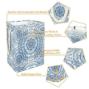 Blue Boho Pattern Style Graphic Laundry Hamper With Handles Large Collapsible Basket For Storage Bin, Kids Room, Home Organizer, Cloth Storage, 19.3x11.8x15.9 In