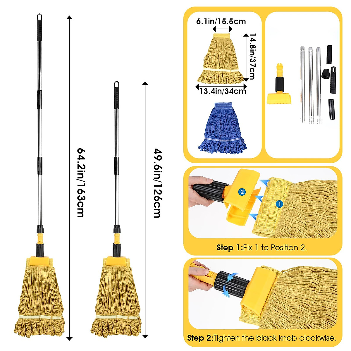 Commercial Mop, Looped-End String Industrial Mop, Heavy Duty Mops with 2 String Mop Heads for Floor Cleaning, Blue/Yellow