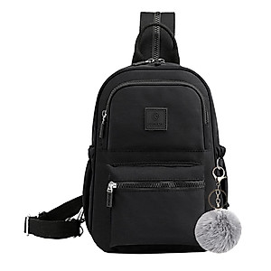 Sunwel Fashion Mini Backpack & Sling Bag 2 Way Carry Nylon Casual Daypack Chest Bag with Detachable Pom Pom Ball Keychain for Women (black)